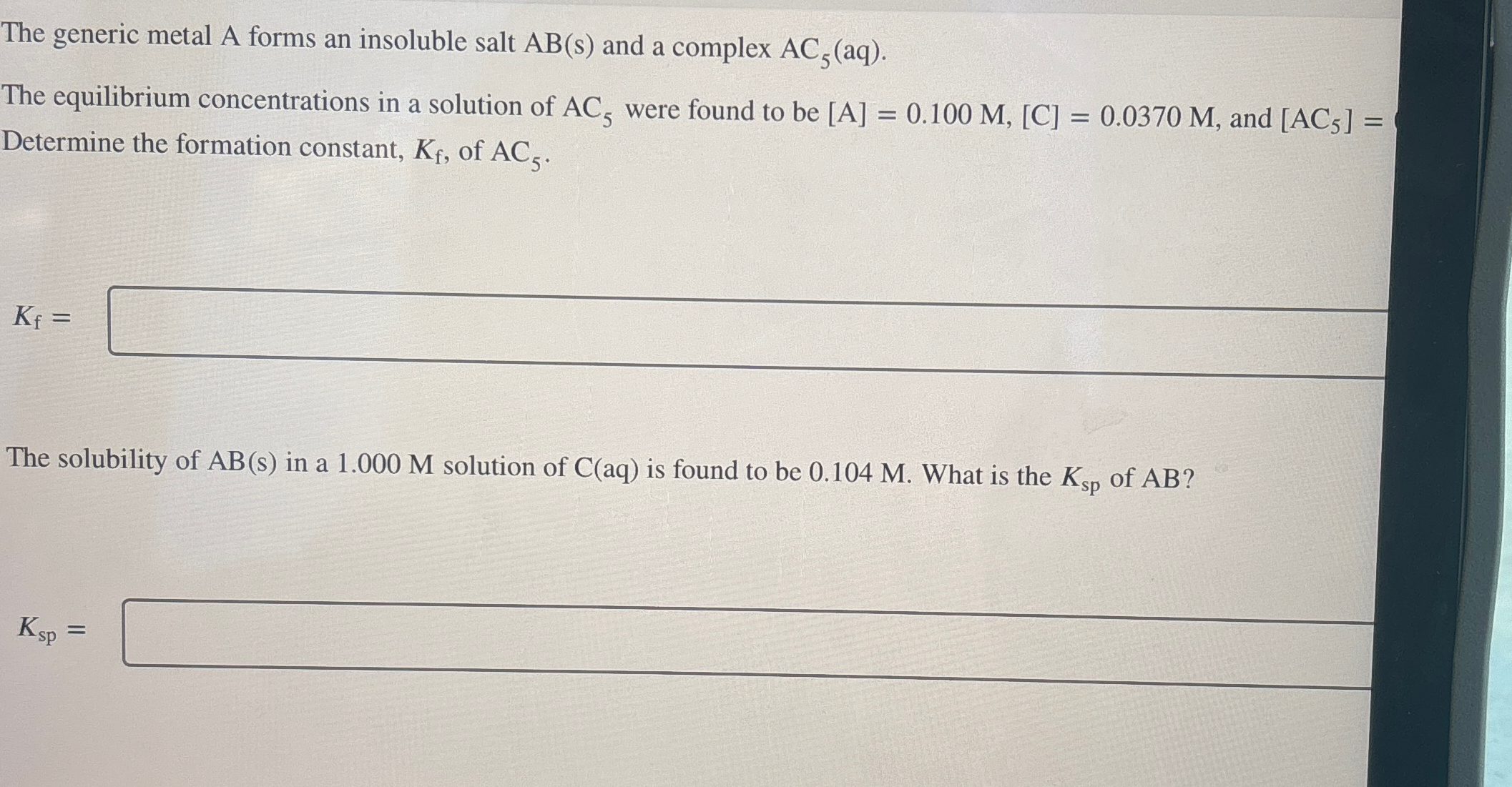 Solved The generic metal A forms an insoluble salt AB(s) | Chegg.com