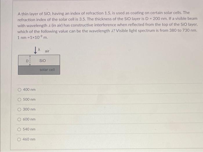 Solved A thin layer of SiO, having an index of refraction | Chegg.com