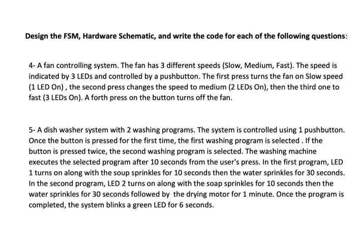 Solved Design the FSM, Hardware Schematic, and write the | Chegg.com