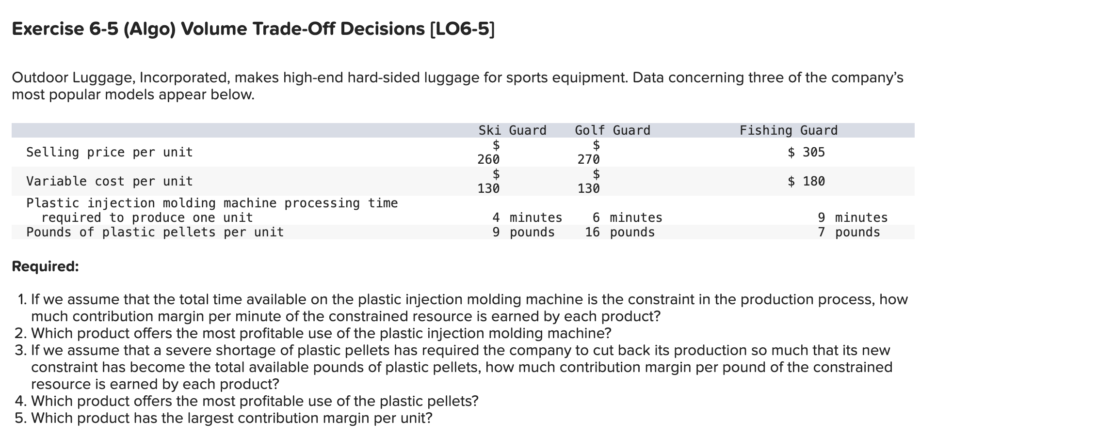 Solved Exercise 6-5 (Algo) ﻿Volume Trade-Off Decisions | Chegg.com