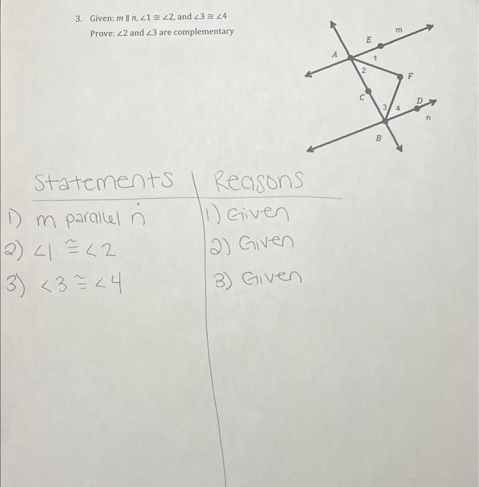 Solved 3. Given: m∥n,∠1≅∠2, and ∠3≅∠4 Prove: ∠2 and ∠3 are | Chegg.com Solved 3. Given: m∥n,∠1≅∠2, and ∠3≅∠4 Prove: ∠2 and ∠3 are | Chegg.com