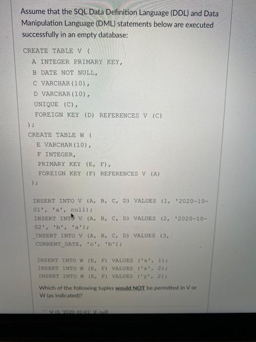 Solved Assume that the SQL Data Definition Language (DDL) | Chegg.com