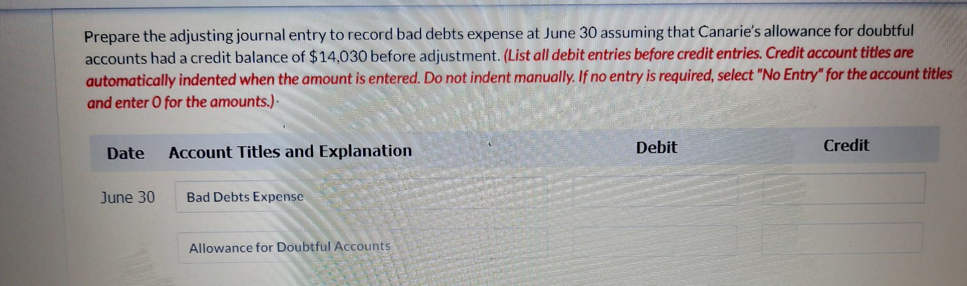 Prepare the adjusting journal entry to record bad | Chegg.com