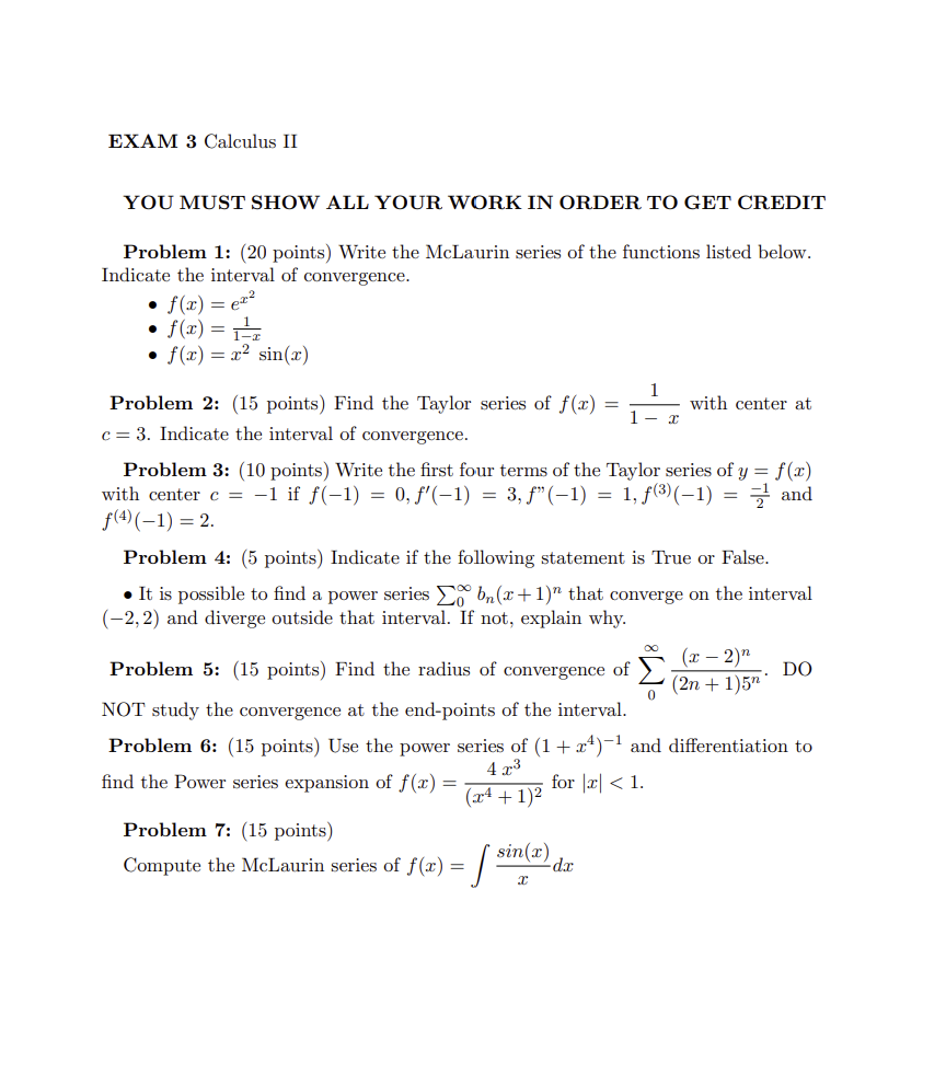 Solved YOU MUST SHOW ALL YOUR WORK IN ﻿ORDER TO ﻿GET | Chegg.com