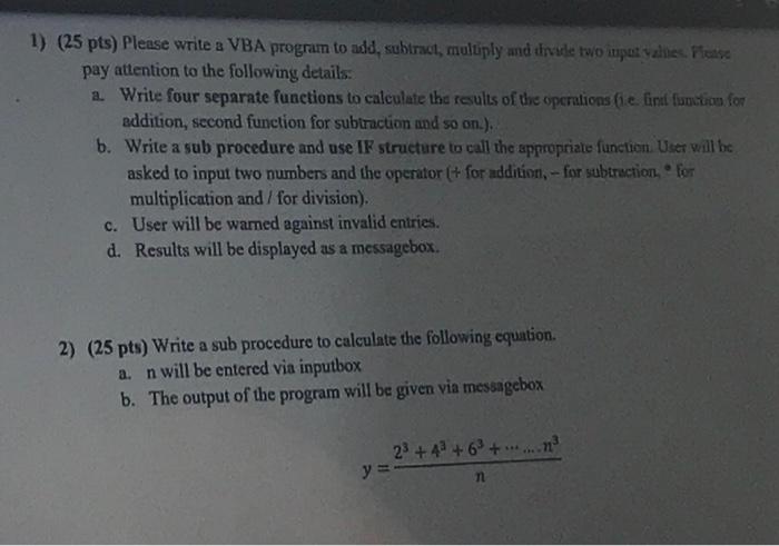 Solved 1) (25 pts) Please write a VBA program to add, | Chegg.com