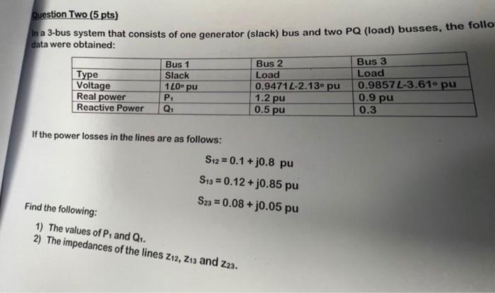 Solved Question Two ( 5 pts) In a 3-bus system that consists | Chegg.com
