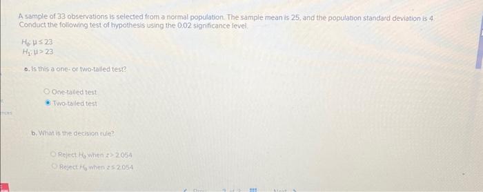 Solved A sample of 33 observations is selected from a normal | Chegg.com