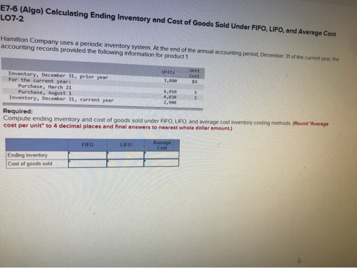 Solved E7-6 (Algo) Calculating Ending Inventory and Cost of | Chegg.com