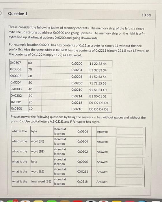 Solved Please consider the following tables of memory | Chegg.com