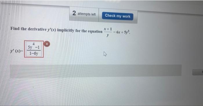 Solved Find the derivative y′(x) implicitly for the equation | Chegg.com