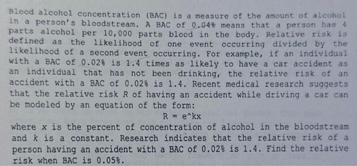 Solved Blood alcohol concentration (BAC) is a measure of the | Chegg.com