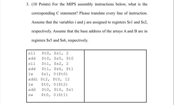 Solved 3. (10 Points) For the MIPS assembly instructions | Chegg.com