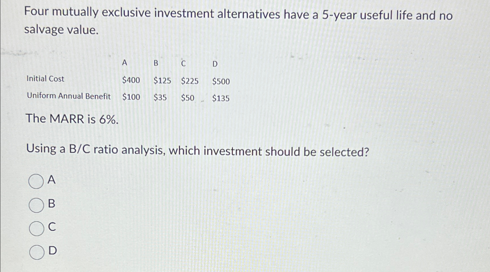 Solved Four mutually exclusive investment alternatives have | Chegg.com