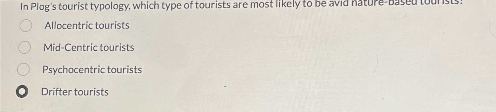 Solved In Plog's tourist typology, which type of tourists | Chegg.com