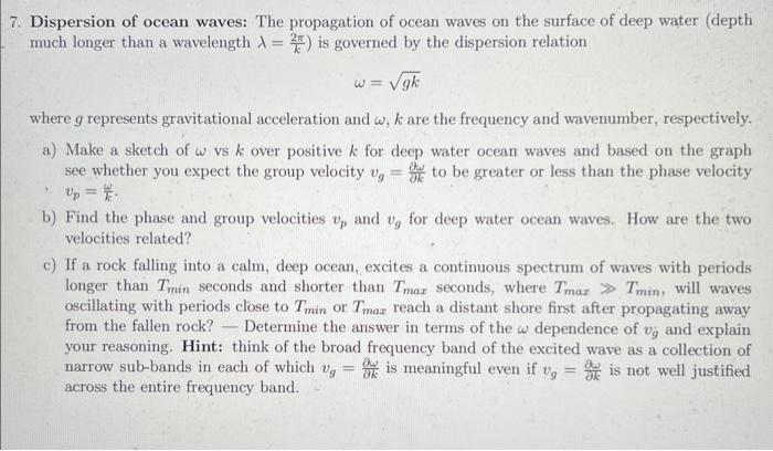 Dispersion of ocean waves: The propagation of ocean | Chegg.com