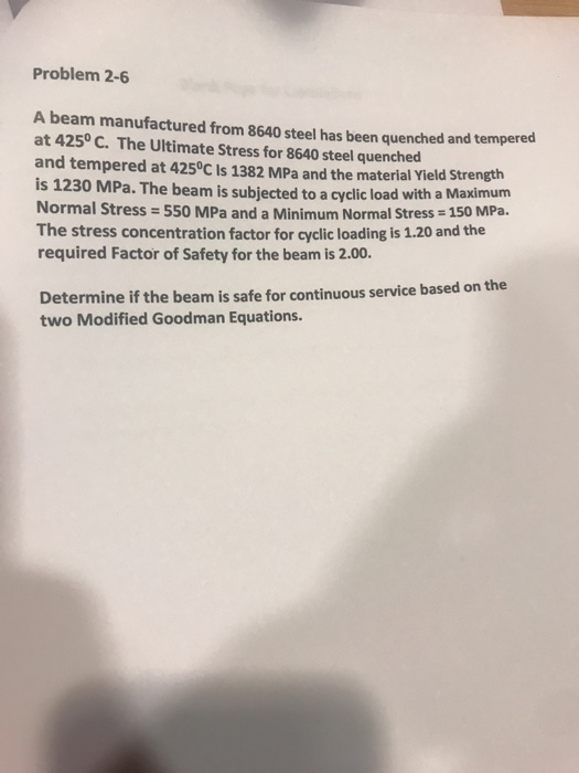 Solved Problem 2-6 A beam manufactured from 8640 steel has | Chegg.com