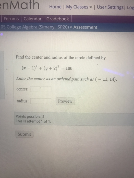 Solved nMath Home | My Classes - User Settings Log Forums | Chegg.com