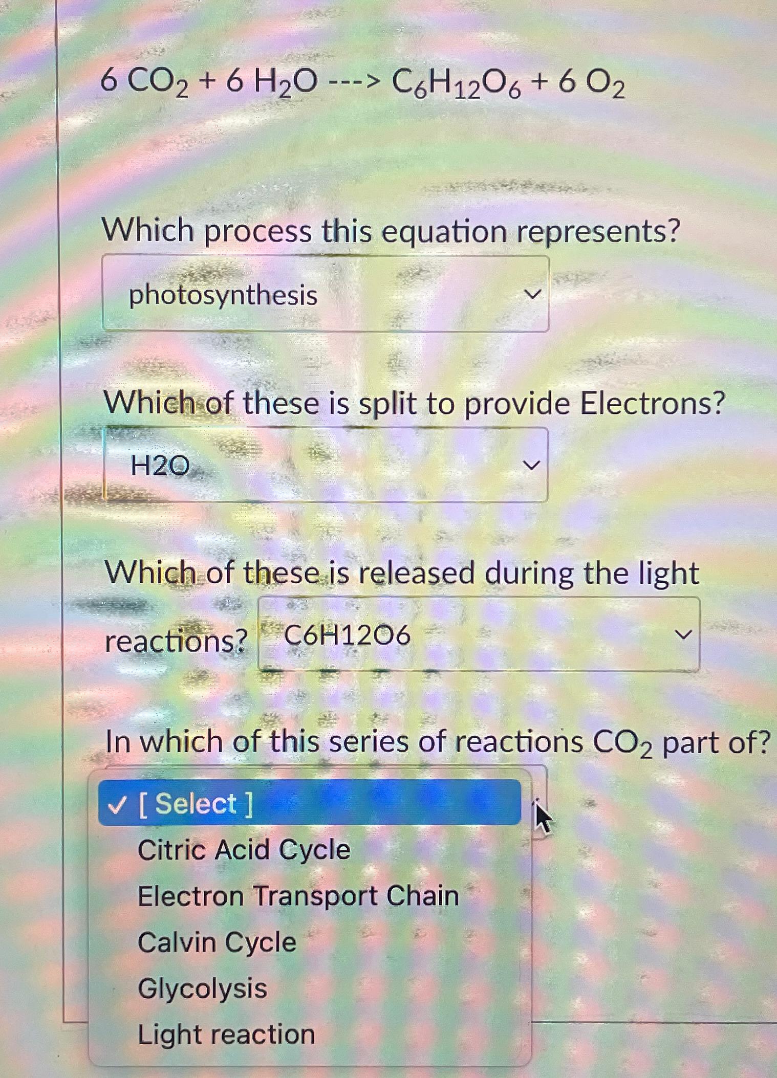 Solved 6CO2+6H2O-→C6H12O6+6O2Which process this equation | Chegg.com