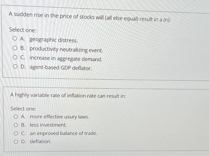 Solved A sudden rise in the price of stocks will (all else | Chegg.com