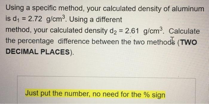 Solved Your calculated density of aluminum is d = 2.58 | Chegg.com