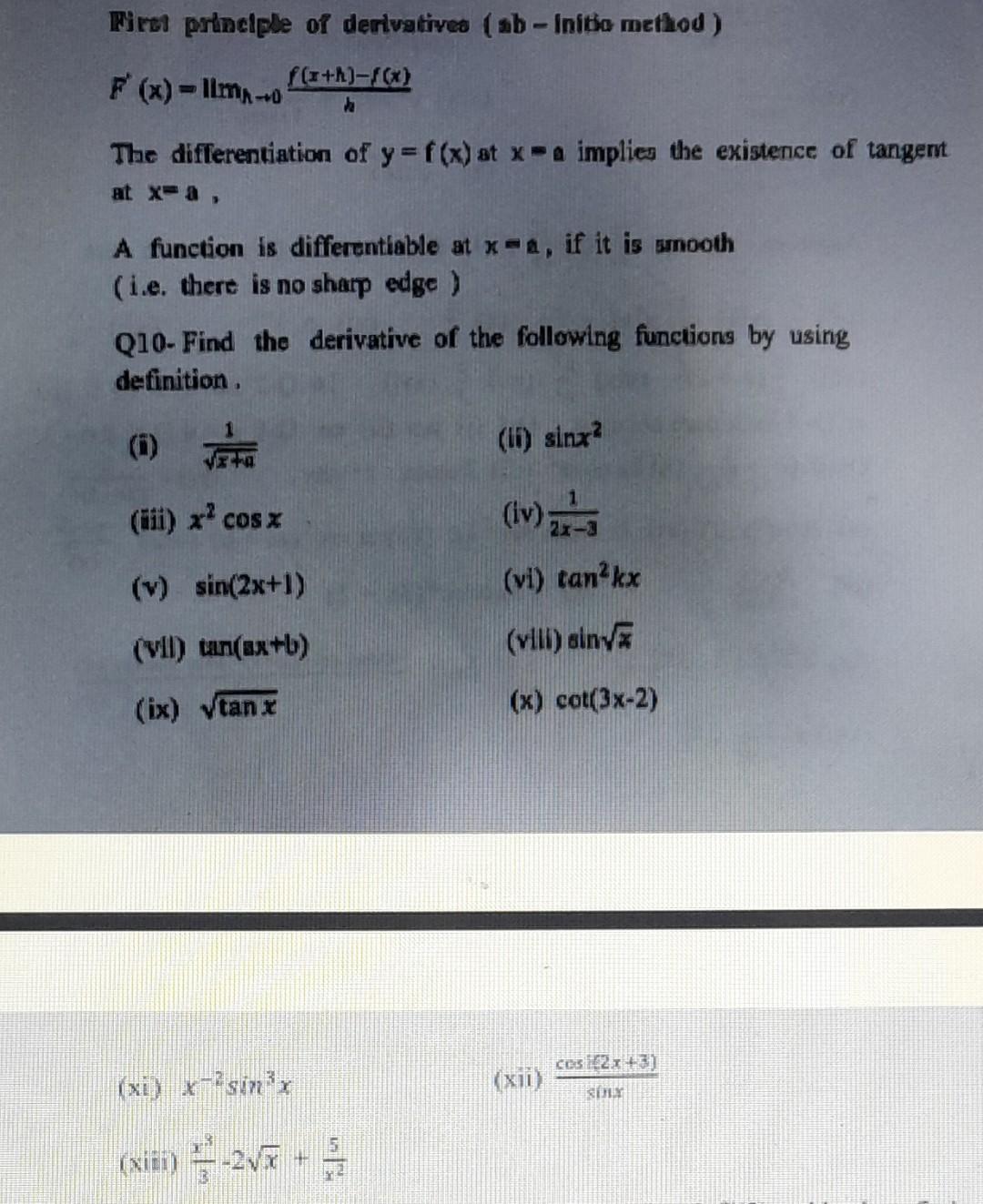 Find the derivative of these 13 questions with first | Chegg.com