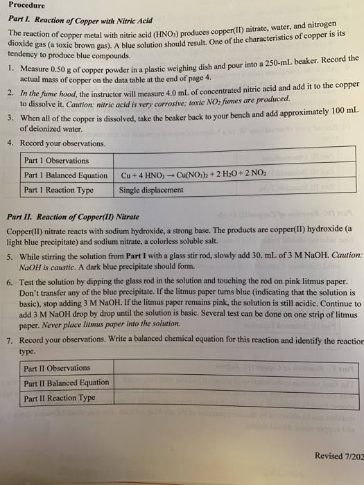 Solved Procedure Part I. Reaction of Copper with Nitric Acid | Chegg.com
