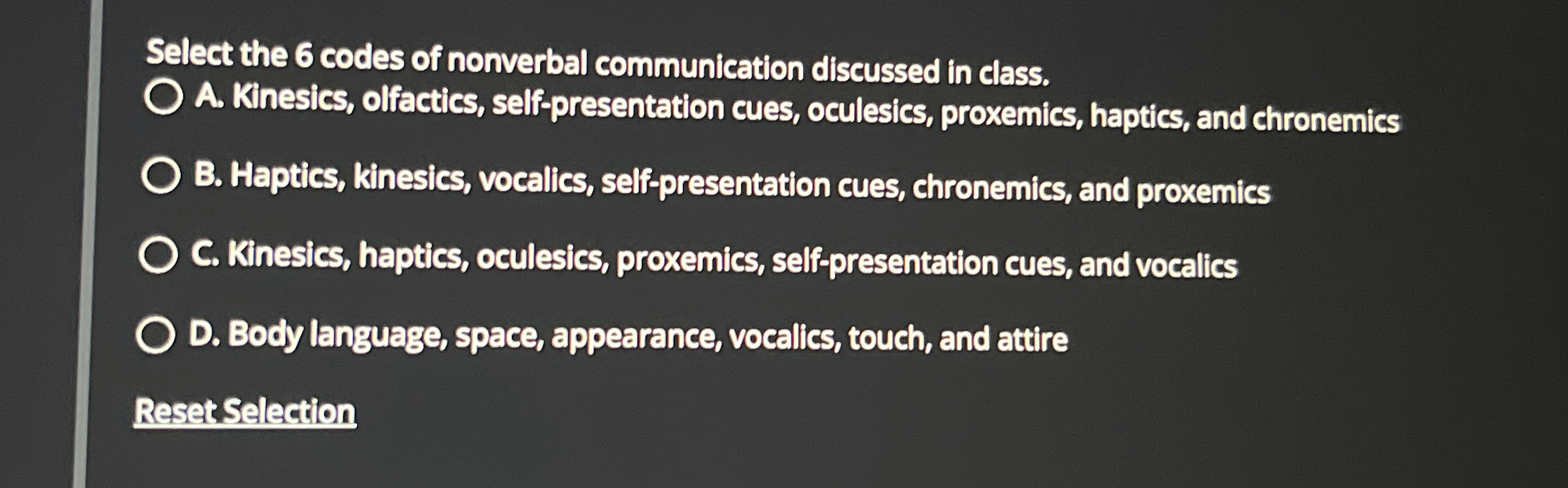 Solved Select the 6 ﻿codes of nonverbal communication | Chegg.com