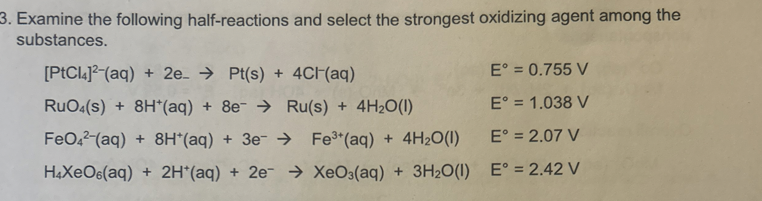 High Quality SOLUTION Examine the following half-reactions and select the | Chegg.com