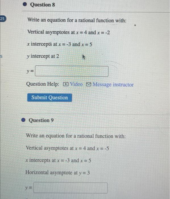Solved Question 8 Write an equation for a rational | Chegg.com