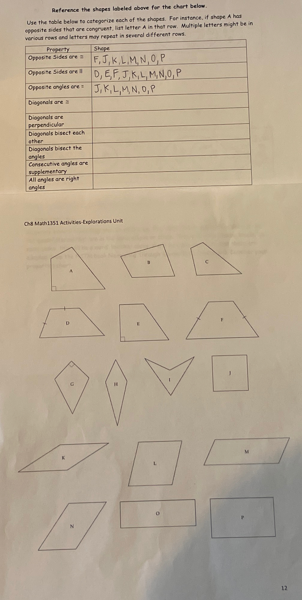 Solved Reference the shapes labeled above for the chart | Chegg.com