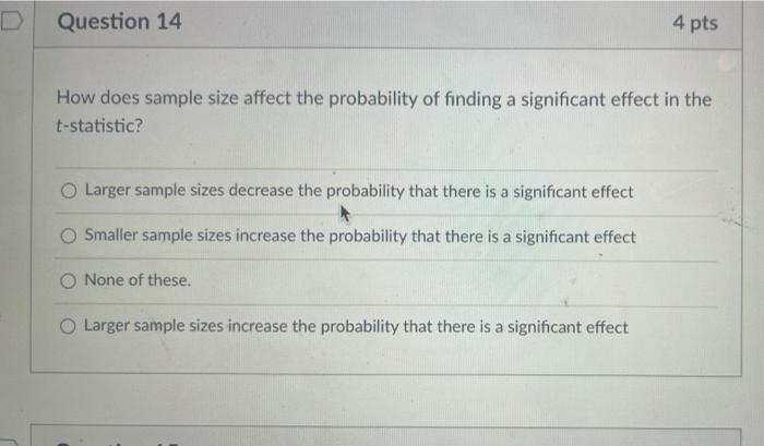 Solved D Question 14 4 pts How does sample size affect the | Chegg.com