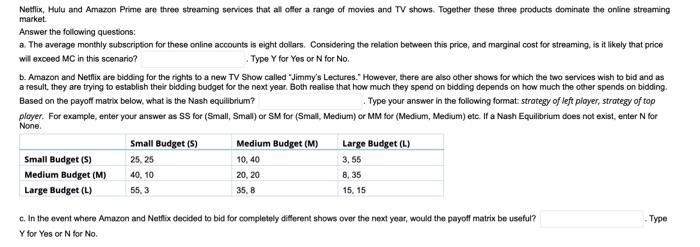 Solved Netflix, Hulu and Amazon Prime are three streaming | Chegg.com