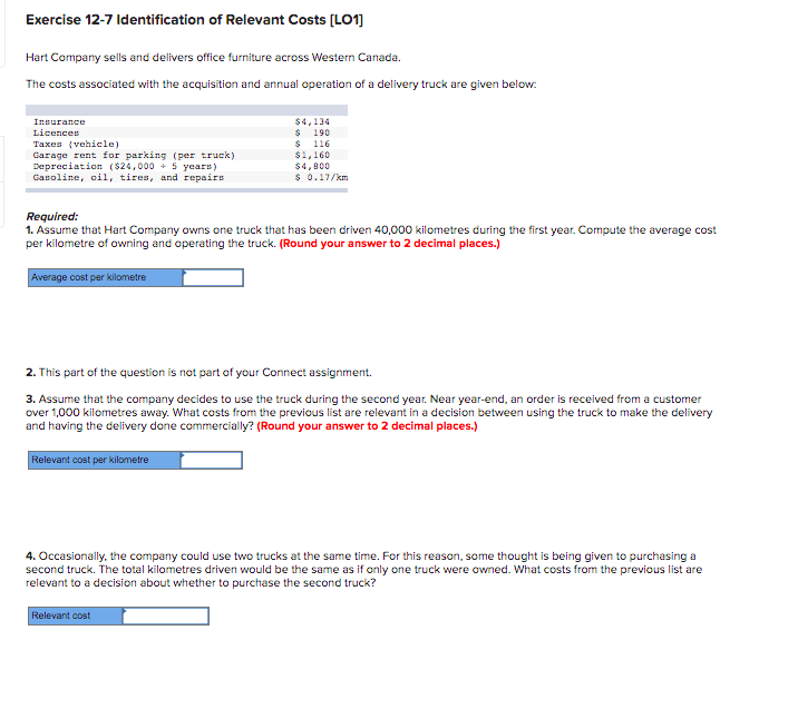 Exercise 12-7 ﻿Identification of Relevant Costs | Chegg.com