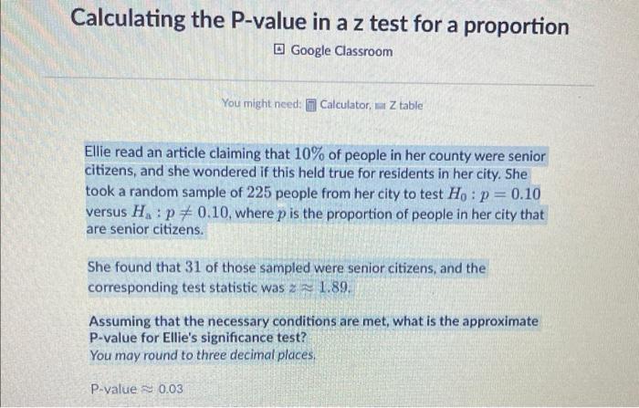 Calculating the P-value in a z test for a proportion | Chegg.com