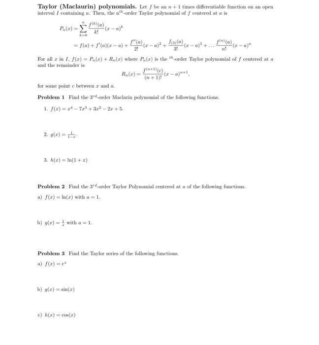 Solved Taylor (Maclaurin) polynomials. Let f be an n+1 times | Chegg.com