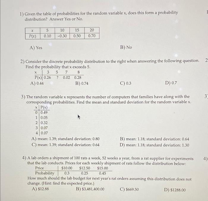 Solved 1 1) Given the table of probabilities for the random | Chegg.com