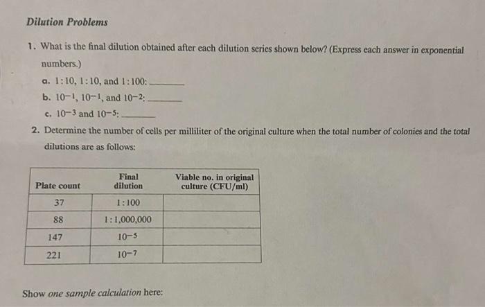 Solved Dilution Problems 1. What is the final dilution | Chegg.com