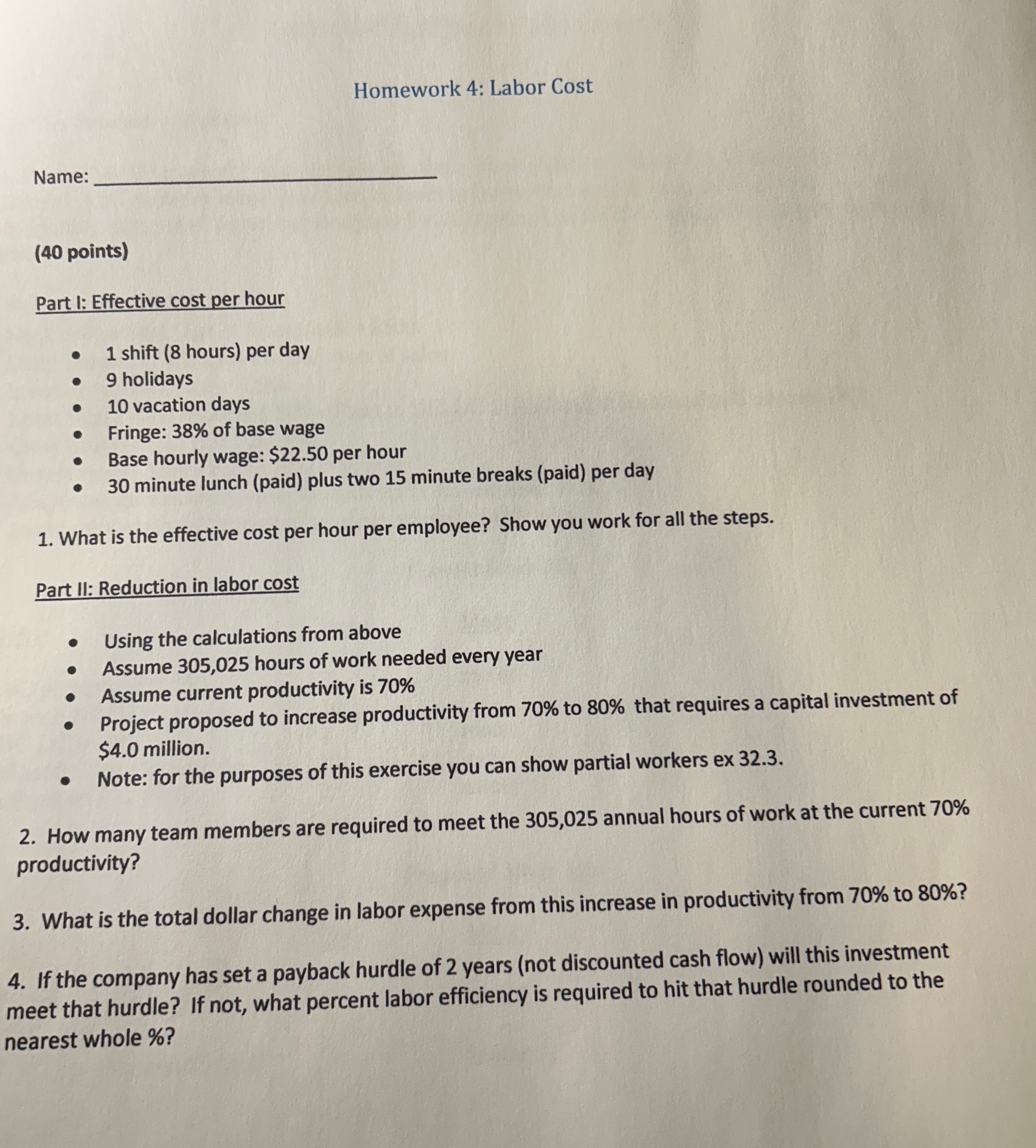 Solved Homework 4: Labor CostName: (40 ﻿points)Part 1: | Chegg.com