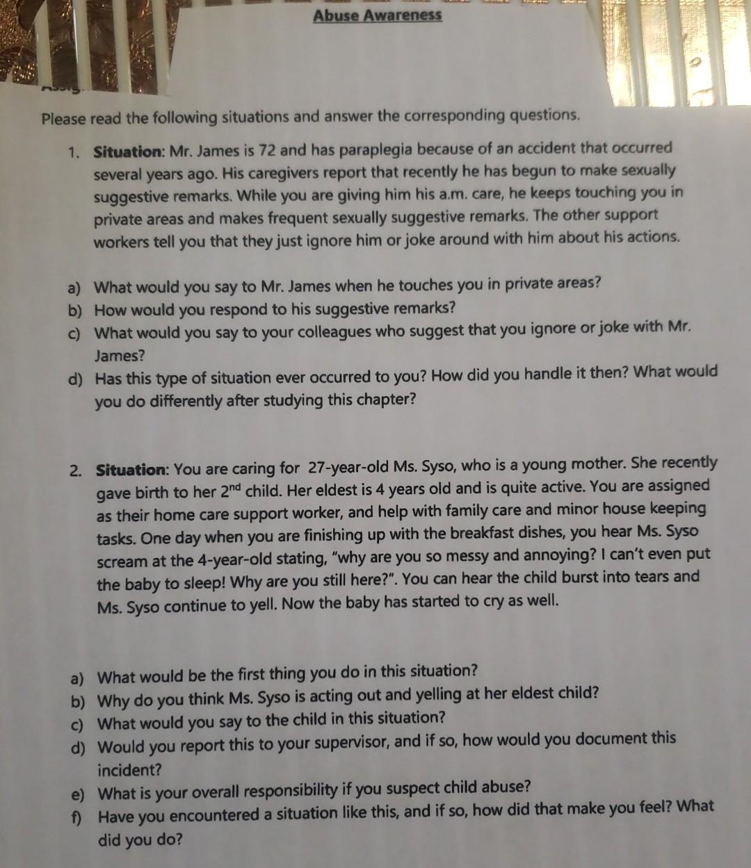 Solved Abuse Awareness Please read the following situations | Chegg.com