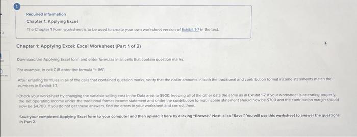 Required information Chapter : Applying Excel The | Chegg.com
