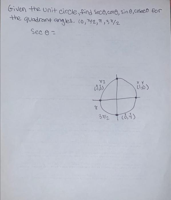 Solved Given the unit circle, find secθ,cotθ,sinθ,cosecθ for | Chegg.com