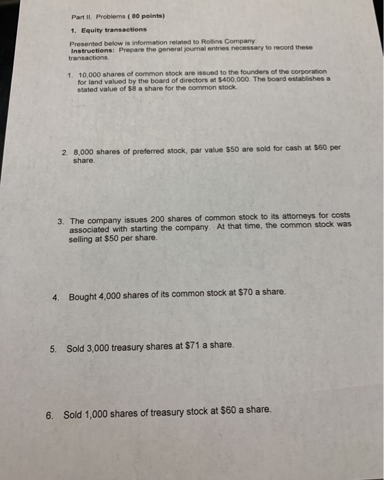 Solved Part II. Problems ( 80 points) 1. Equity transactions | Chegg.com