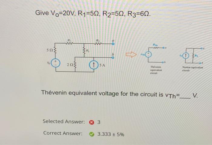 Solved Give V0=20 V,R1=5Ω,R2=5Ω,R3=6Ω circuit Thévenin | Chegg.com