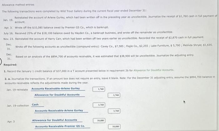 Solved Allowance method entries Dec 31 The following | Chegg.com