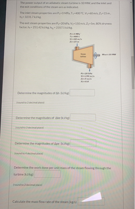 Solved The power output of an adiabatic steam turbine is 10 | Chegg.com