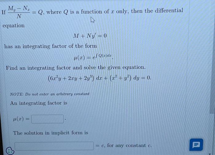 Solved If (My-Nx)/N = Q, where Q is a function of x only, | Chegg.com