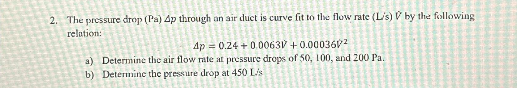 Solved The pressure drop (Pa)Δp ﻿through an air duct is | Chegg.com