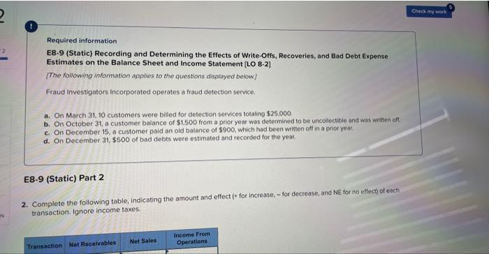 Solved Required information E8-9 (Static) Recording and | Chegg.com