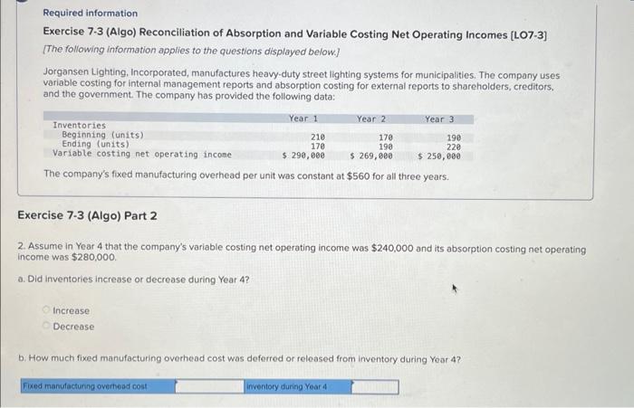 Solved Required information Exercise 7-3 (Algo) | Chegg.com