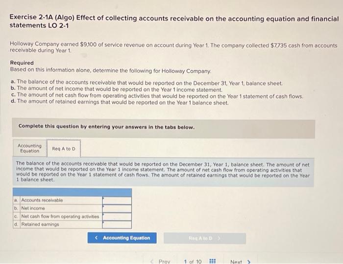 Solved Exercise 2-1A (Algo) Effect of collecting accounts | Chegg.com